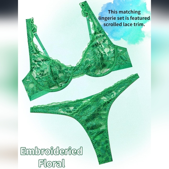 Intimates & Sleepwear | New Green Embroidered Floral Lingerie Set ...